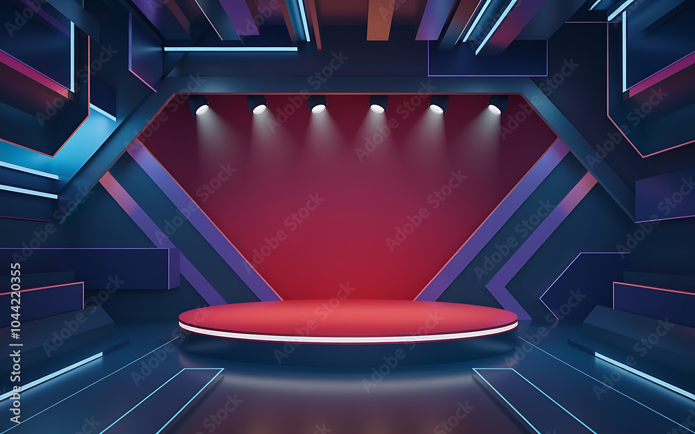 Red stage with blue neon lights futuristic design abstract concept ...
