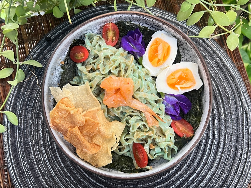 Blue Butterfly Pea Noodles with Shrimp Roe Sauce with boiled egg and ...