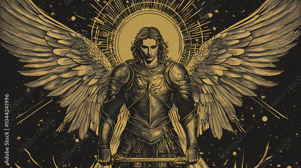 Ilustración de Stock Biblical representation of the archangel michael in glorious battle armor ...