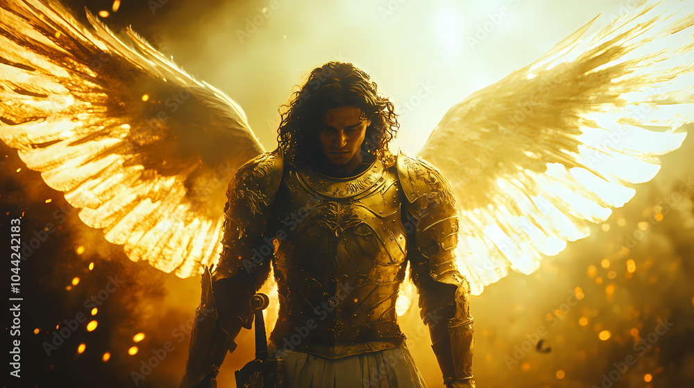 Biblical representation of the archangel michael in glorious battle armor. Celestial Guardian ...