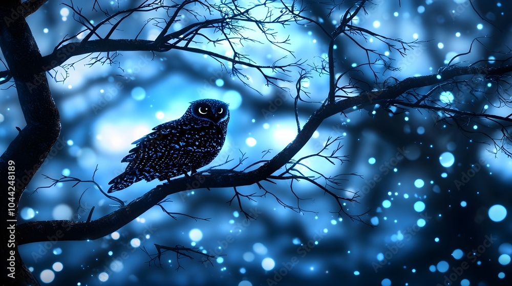 Dark forest at twilight, owl shadow against trees, hazy blue mist ...