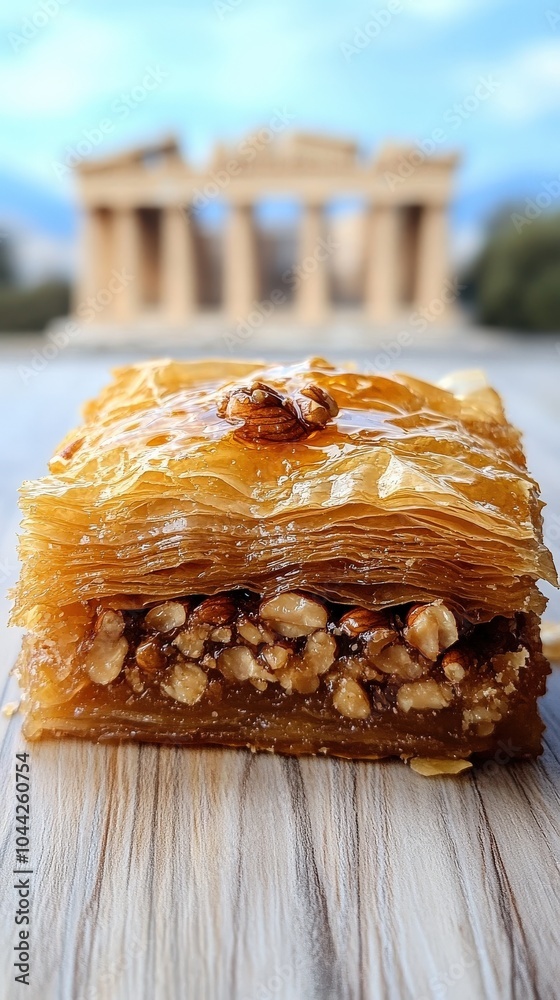 Delicious Greek Baklava with Honey and Nuts in Front of Ancient ...