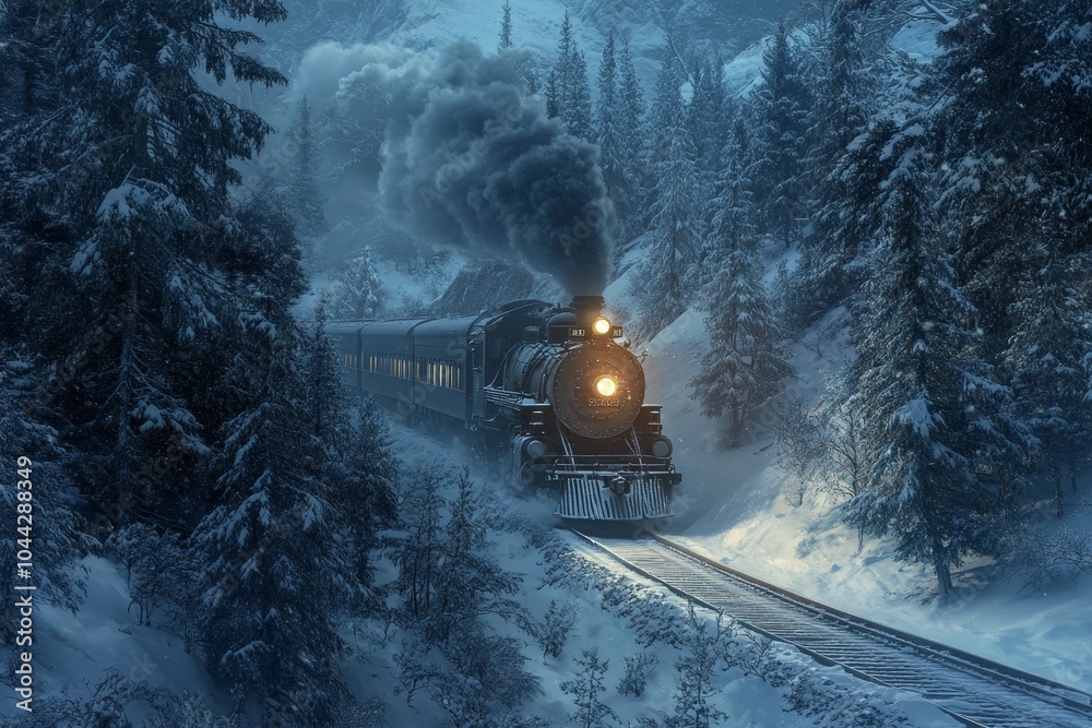 The polar express journeying through a winter wonderland of snowy ...