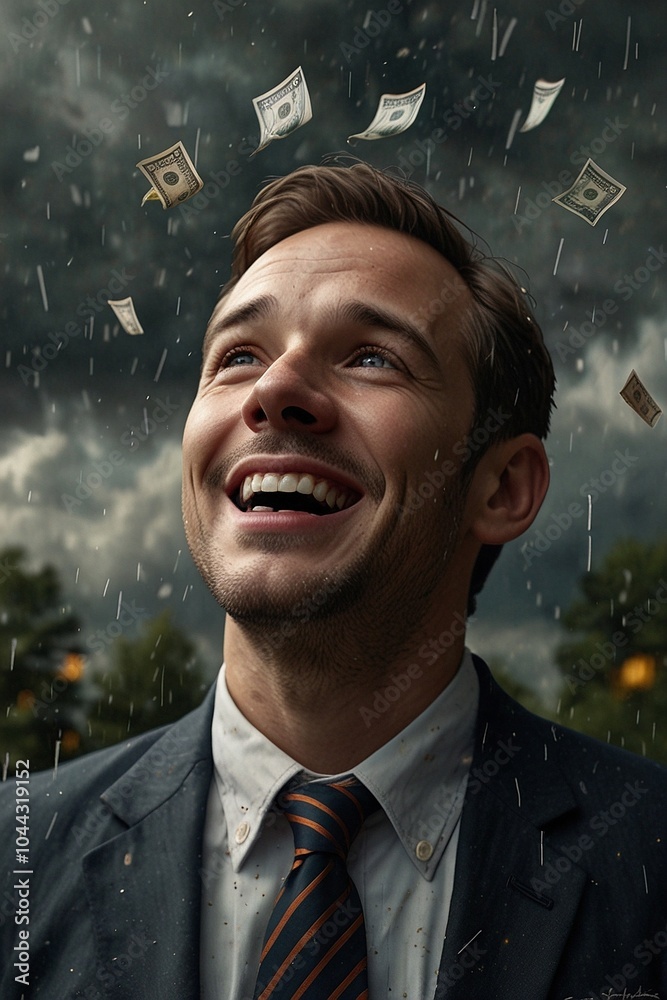 Close-Up of a Joyful Man Looking Up as Money Rains from the Sky – A ...