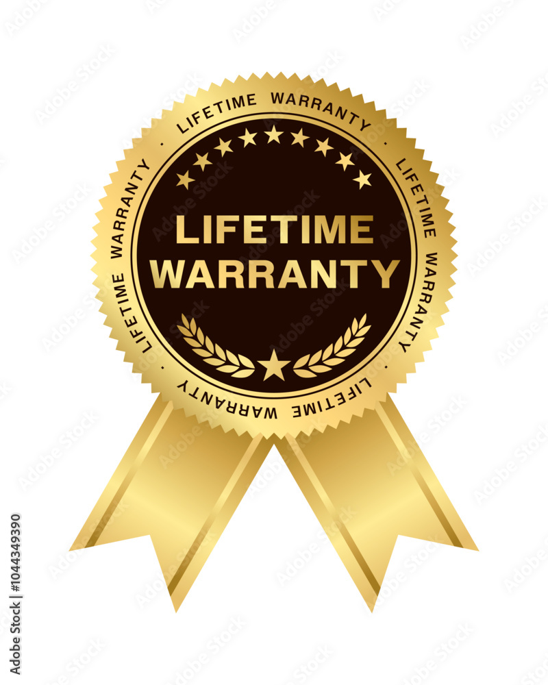Lifetime Warranty label sticker, Gold round and ribbons circle zigzag ...