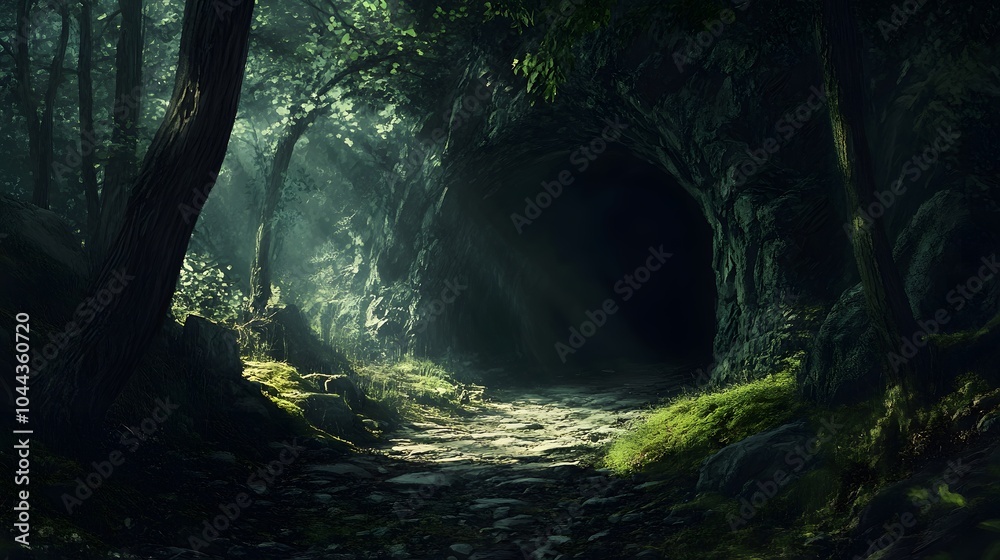 A dark tunnel entrance in a dense forest, with faint light seeping ...