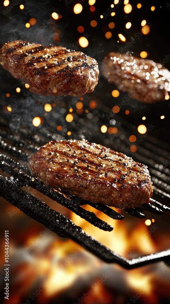 Fiery feast: steaks and meat suspended over grill, surrounded by sparks ...