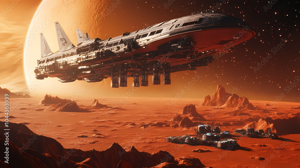 Large spaceship is hovering over a red planet with an outpost and ...