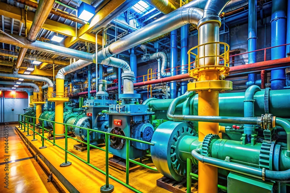 Dark Industrial Engine Room with Steel Pipelines and Gas Tanks in a ...