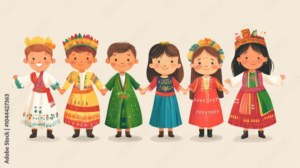 children in cultural attire illustrations, happy kids celebrating their ...