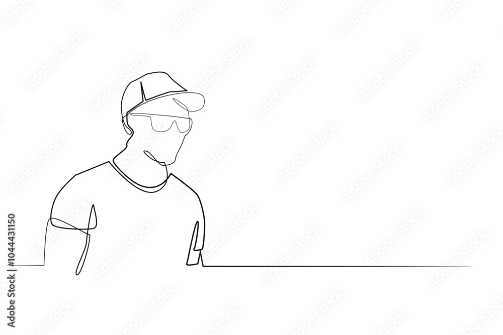 continuous line of man in hat and wearing glasses. one line drawing of ...