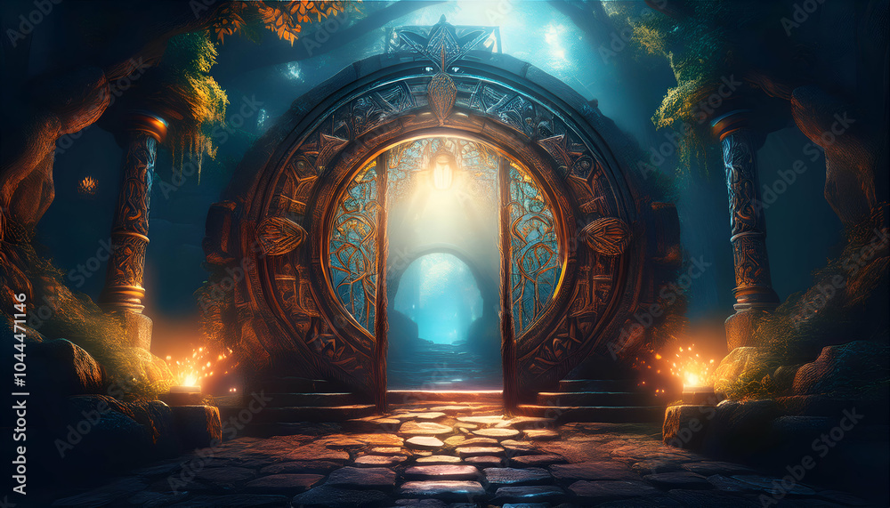 Entrance to the Enchanted Echoes in a magical realm, glowing with ...