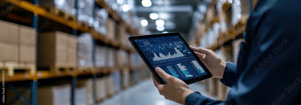 A warehouse worker holds an iPad while analyzing inventory data on the ...