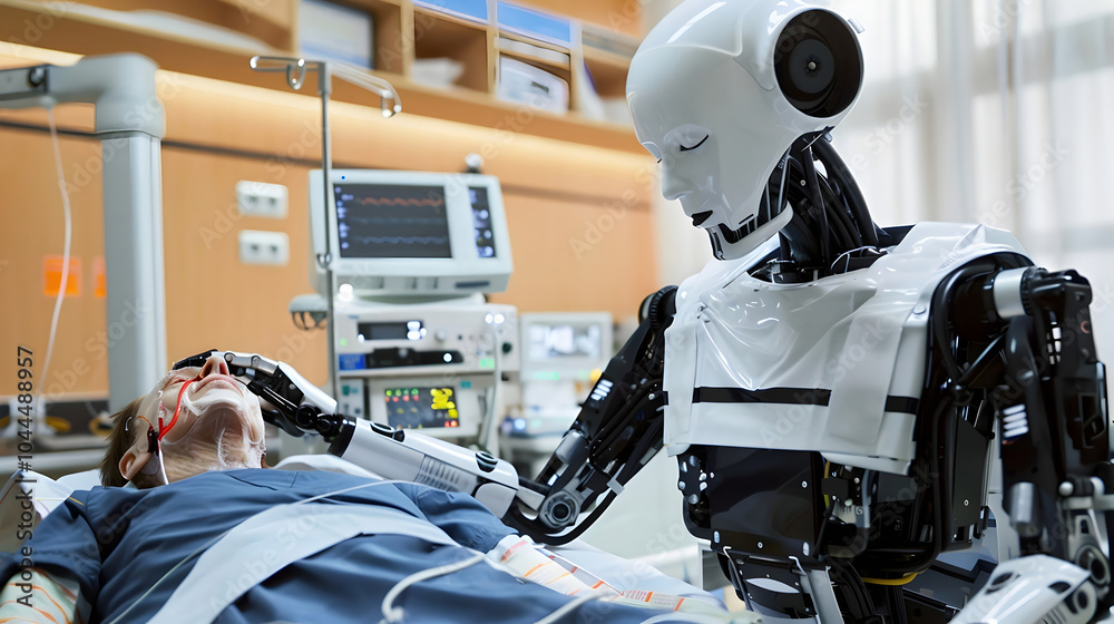 Medical robotics concept. AI robot performs complex emergency ...