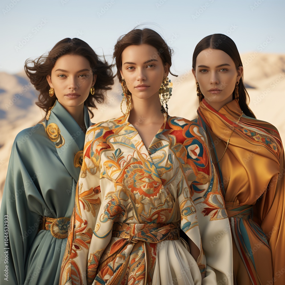 Group of elegantly dressed women poses in the Sahara Desert, showcasing ...