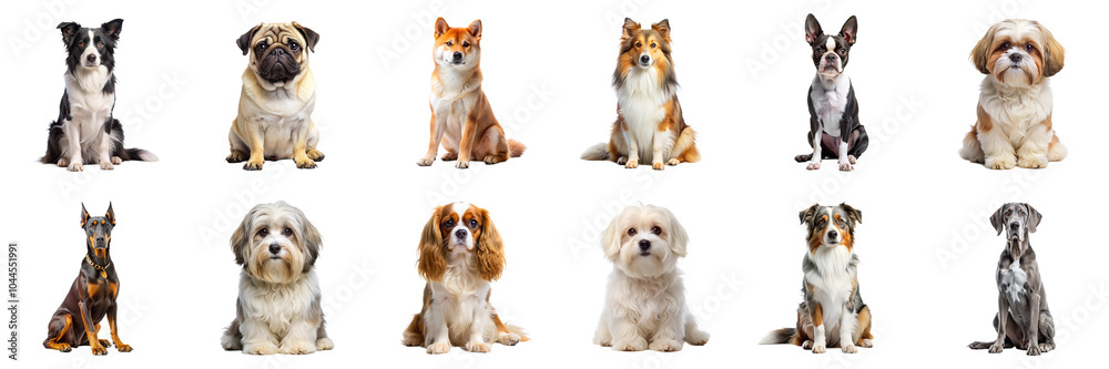 Various dog breeds sitting isolated on transparent background. Pug ...