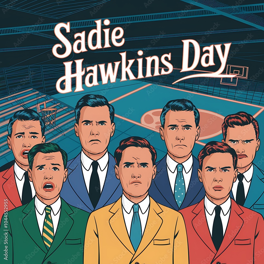 Ilustración de Stock Six Men in Suits Standing Before a Basketball ...