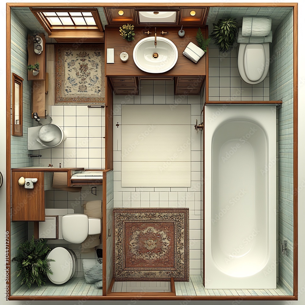 3d top view of retro bathroom layout featuring a pedestal sink classic ...
