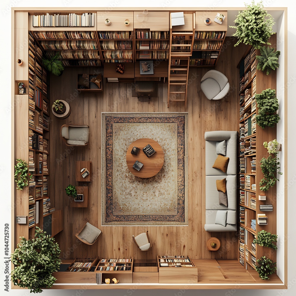 Beautiful home library with tall builtin shelves rolling ladder and a ...