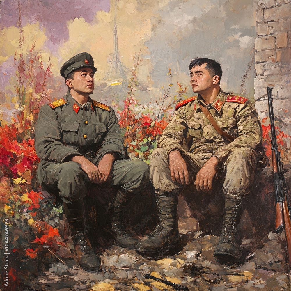 Soviet Soldiers in a Moment of Reflection: A Powerful Oil Painting ...