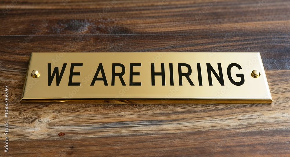 we are hiring engraved text on gold name plate sign Stock Illustration ...