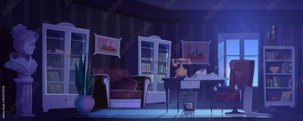 Cartoon cozy dark night office interior with soft sofa and chair ...