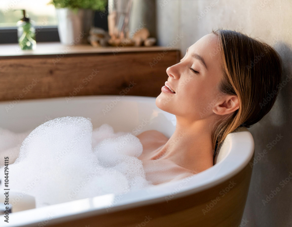 woman relaxing in a bathroom beauty young happy girl lying in foamy ...