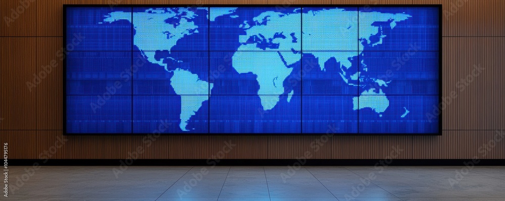 World map displayed on a large digital screen in a modern setting ...