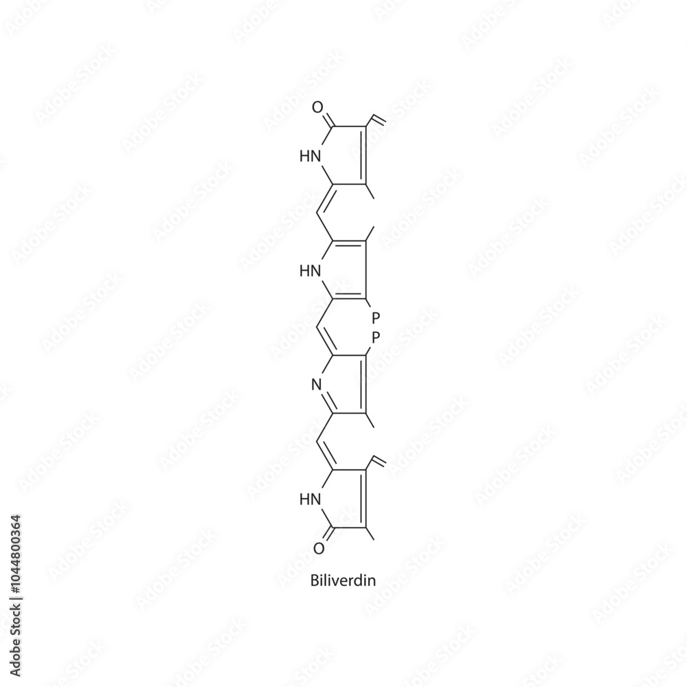 Biliverdin skeletal structure diagram.Bile pigment compound molecule ...