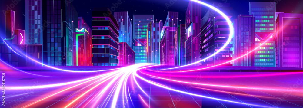 Futuristic night metaverse tech city with neon glowing skyscrapers ...
