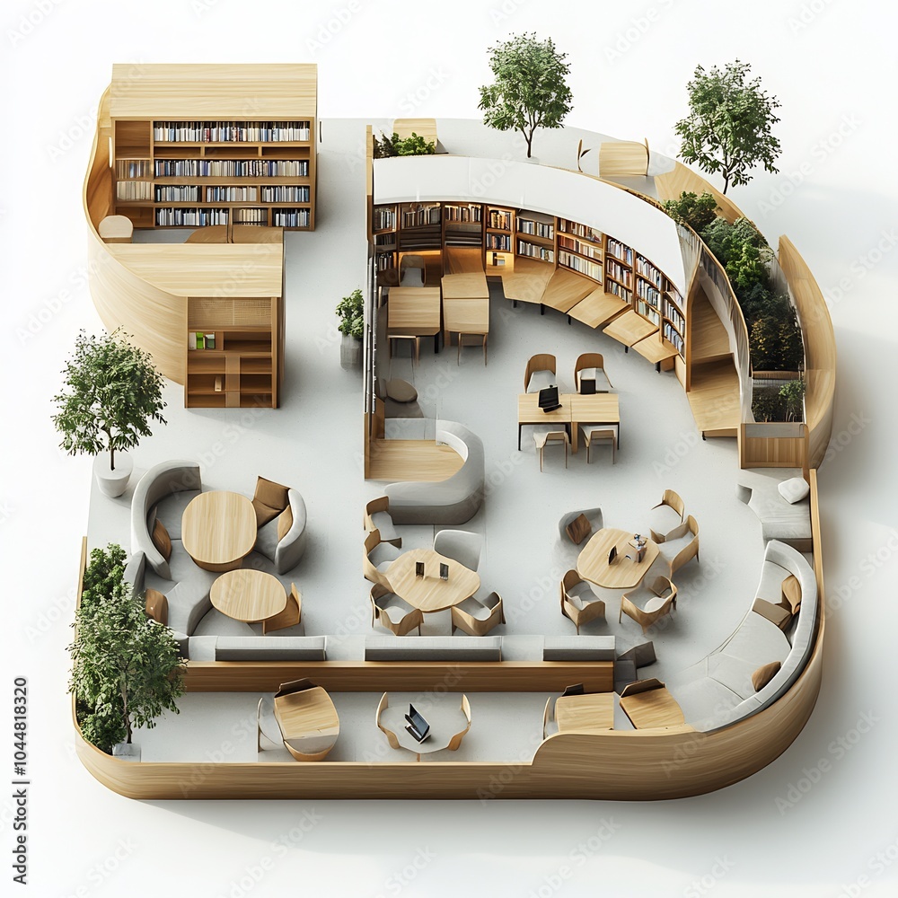 Topdown 3D render of a dynamic campus student center featuring lounges ...