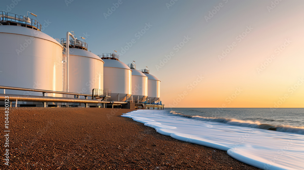 Large storage tanks along coast with gentle waves lapping at shore ...