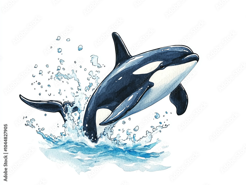 Orca swimming through splashing water, watercolor clipart illustration ...