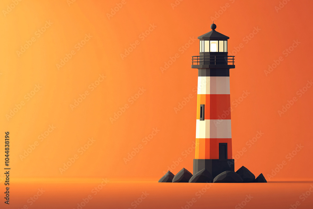 Simple illustration of a lighthouse on a rocky base against an orange ...