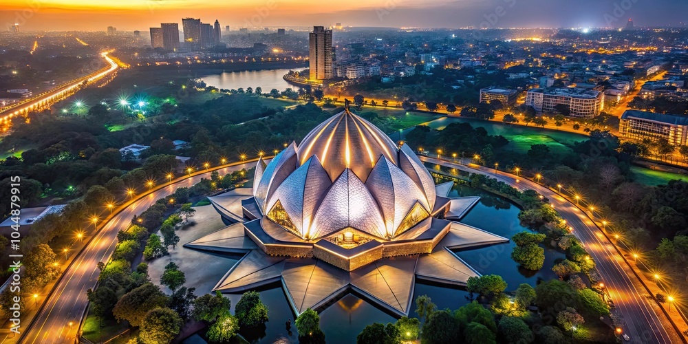 Aerial drone view of the Delhi lotus building at night in India , Delhi ...
