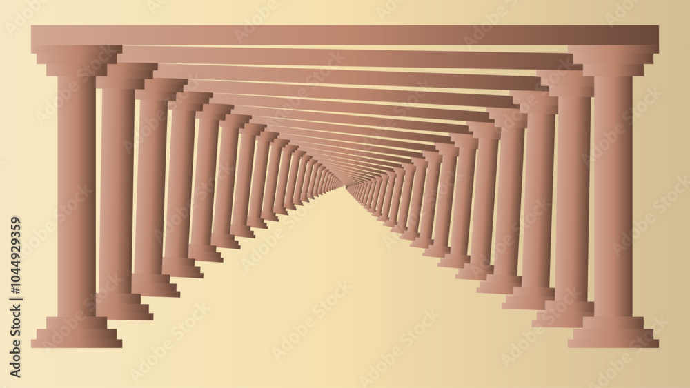 Greek temple, roman architecture, castle corridor with columns and arch entrance. Palace hall ...