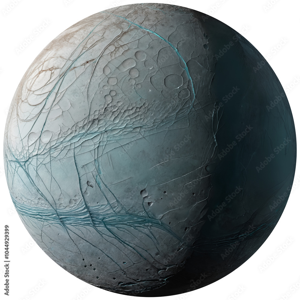 Frozen ice moon with cracked surface, canyons and craters, isolated on ...