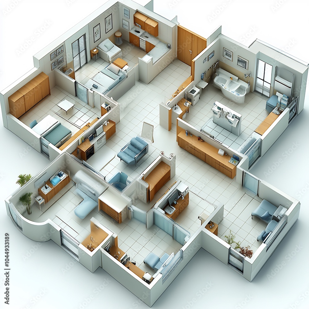 Top view 3D floor plan render of hospital with specialized areas for ...