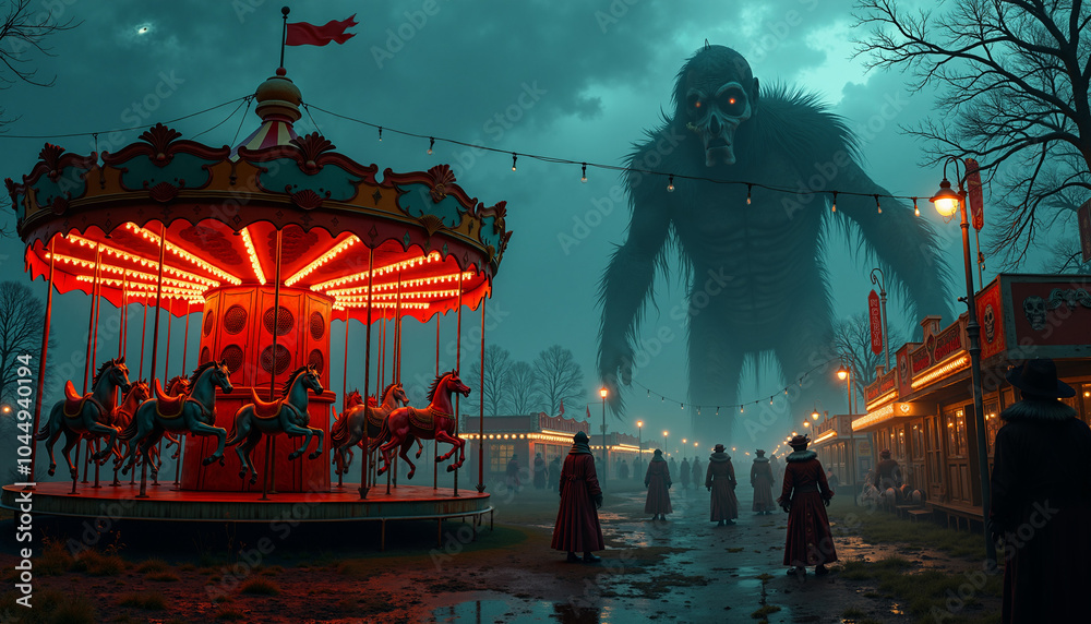 A creepy Halloween scene with a giant monster standing behind a ...