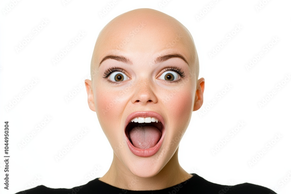 Woman with a shaved head and a surprised expression on her face. bald ...