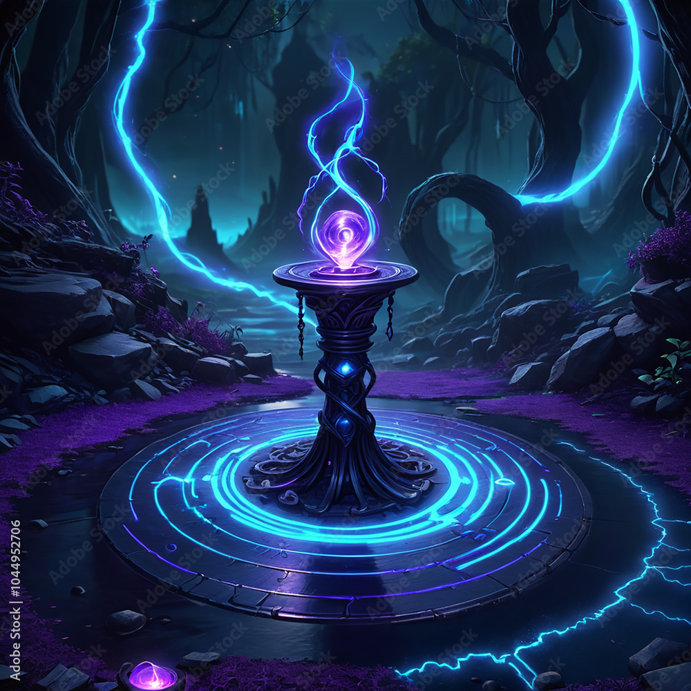 A dark, mystical forest scene with a glowing orb atop a stone altar ...
