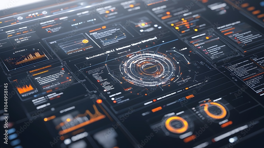 Futuristic 3D virtual business intelligence dashboard with abstract technology interface ...