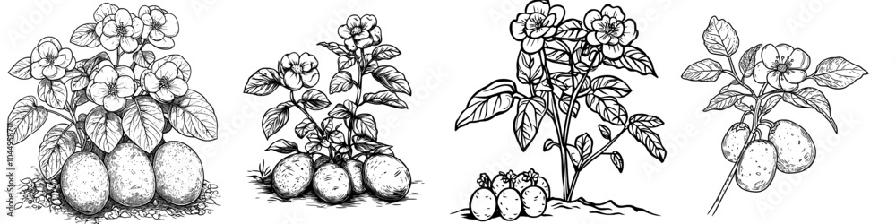 This is a minimalist outline drawing of a potato plant with flowers ...