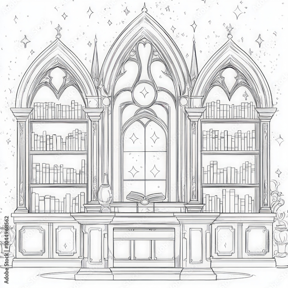 A magical library with floating books, coloring page for kids, simple ...