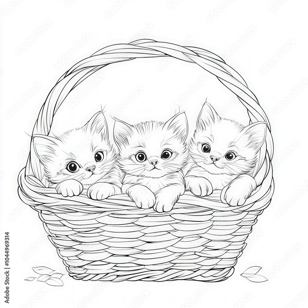 Adorable kittens playing in a basket, coloring page for kids, simple ...