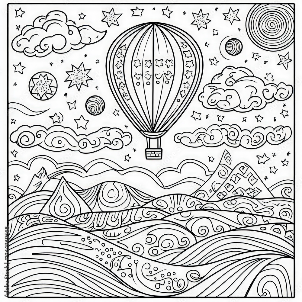 An adventurous journey on a hot air balloon, coloring page for kids ...