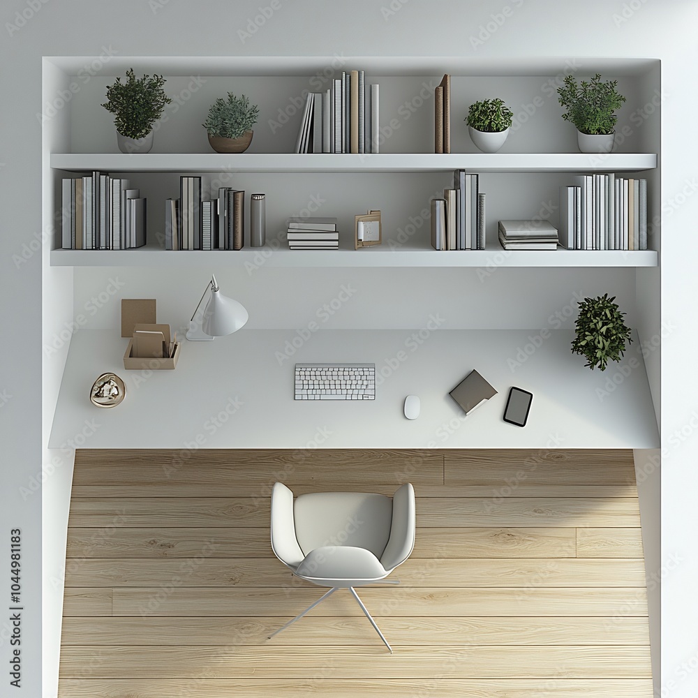 Top view 3D render of minimalist study area with a white desk simple ...