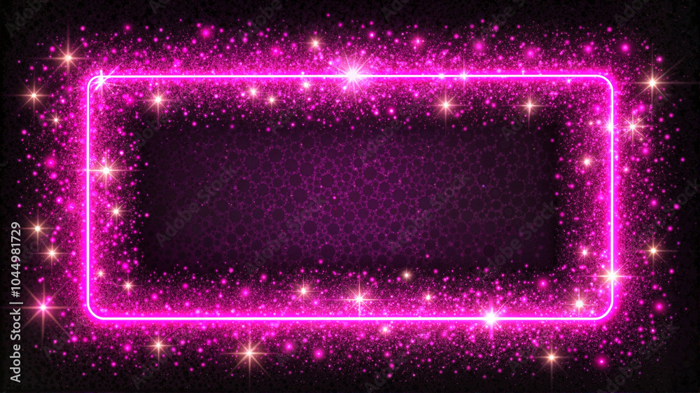 Neon pink glitter frame with sparkling lights on black background ...