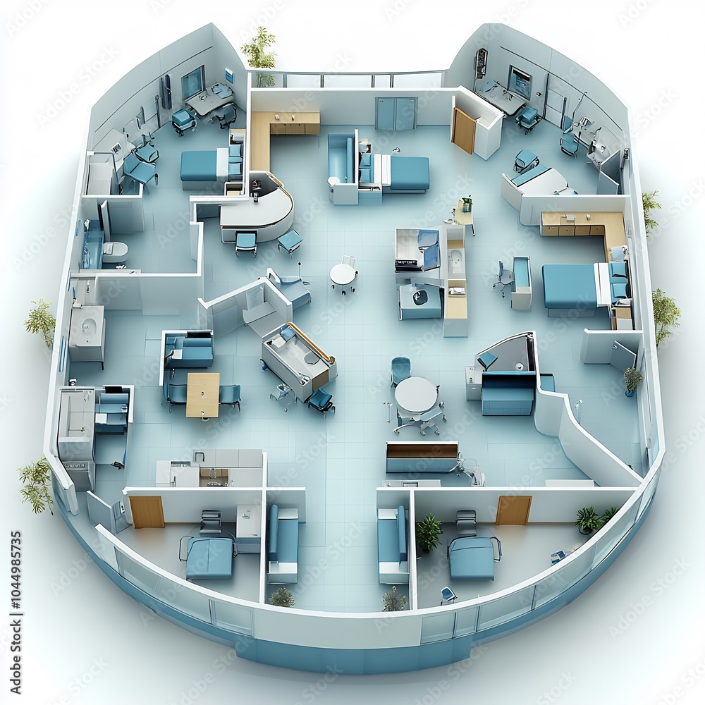 Top view 3D render of modern hospital floor plan featuring radiology ...