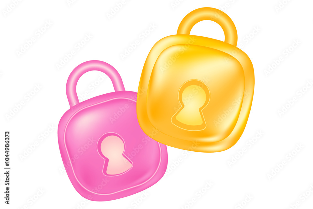 Cute pink, gold 3D security padlock icons isolated, transparent ...